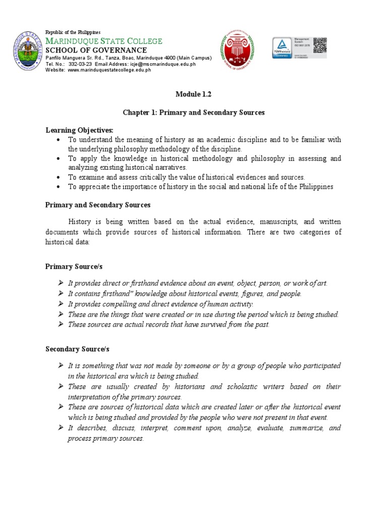 Module 1.2 - Primary and Secondary Sources | PDF | Primary Sources | Data