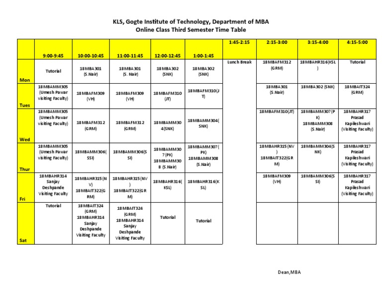 Time Table 3rd Semester MBA | PDF