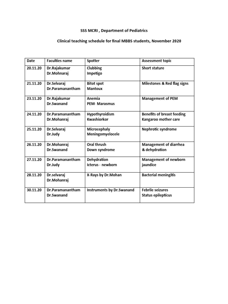 Clinical Class Schedule Nov 2020 | PDF | Science & Mathematics