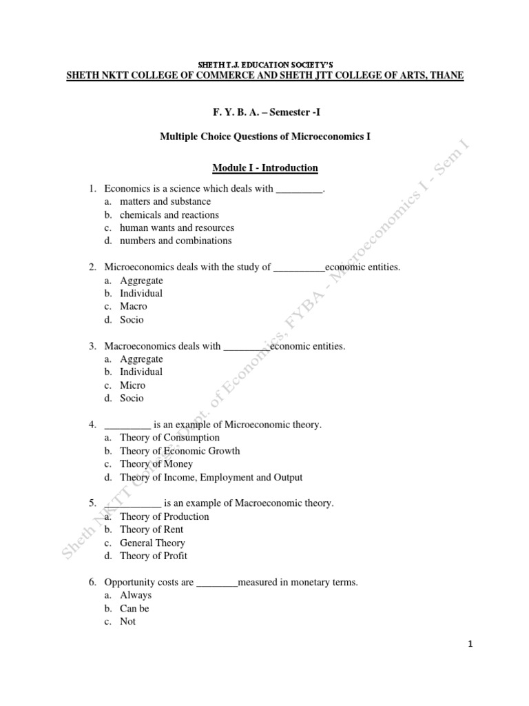 F. Y. B. A. - Semester - I Multiple Choice Questions of Microeconomics ...