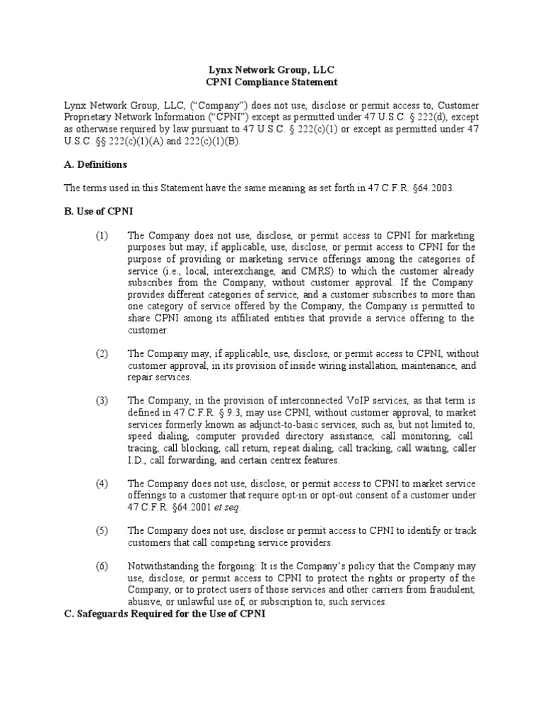 Lynx Network Group, LLC CPNI Compliance Statement | PDF | Business | Law
