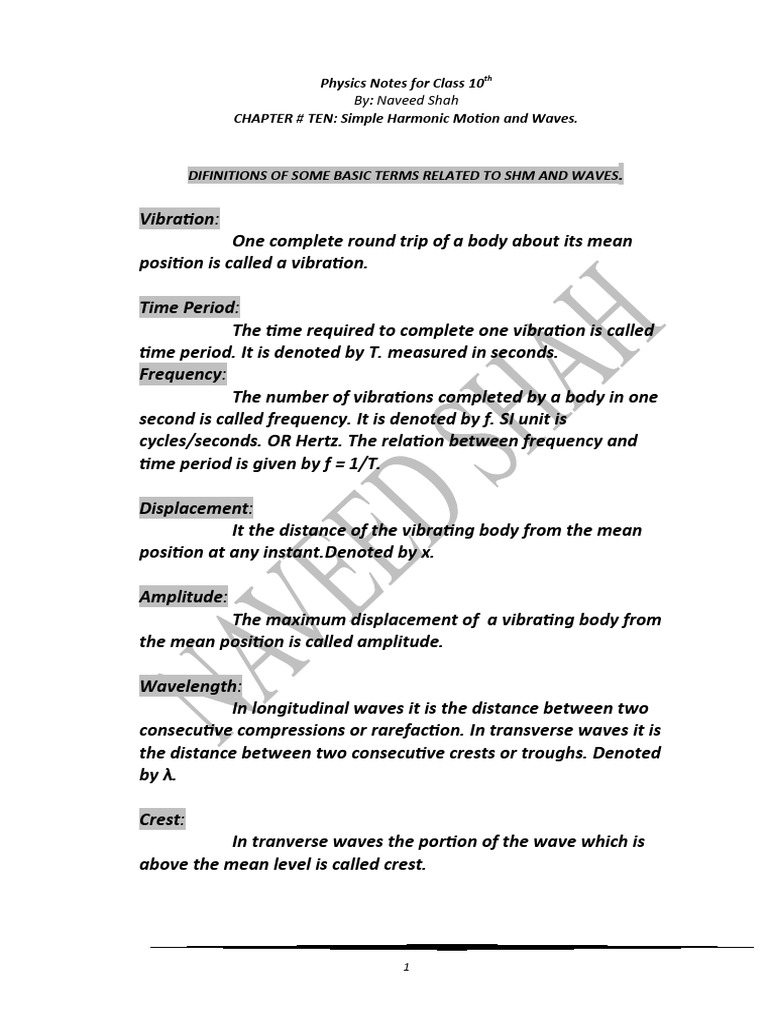 SHM and Waves: Class 10 Physics Notes | PDF | Waves | Sound