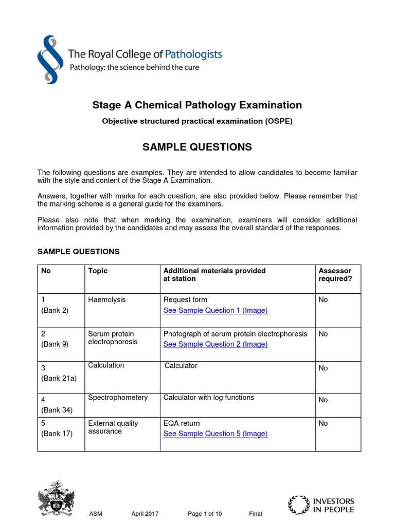 Chemical Pathology Stage A Examination Sample Questions | Download Free ...