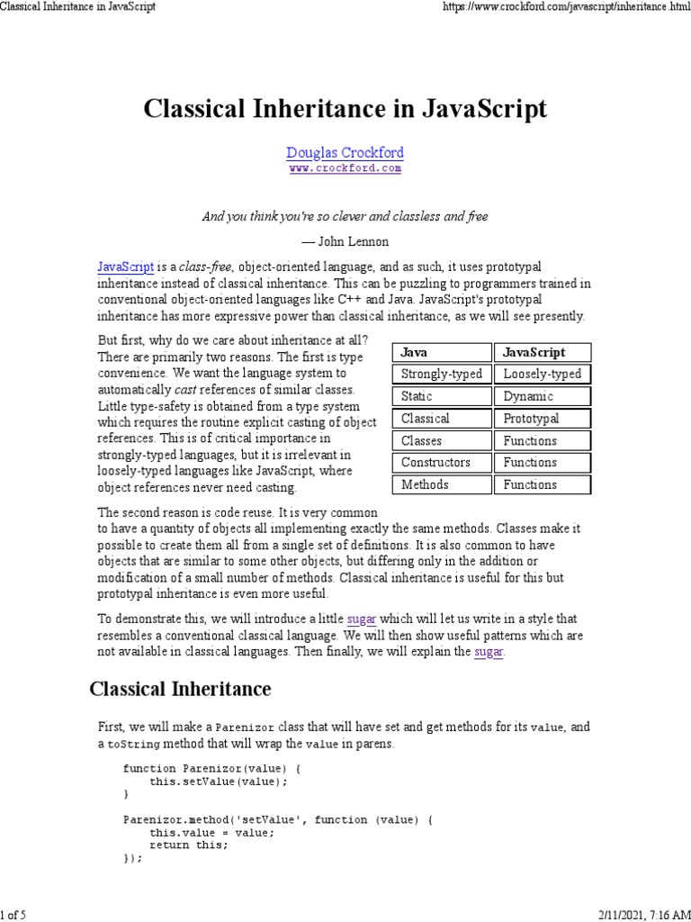 Classical Inheritance in JavaScript | PDF | Inheritance (Object ...