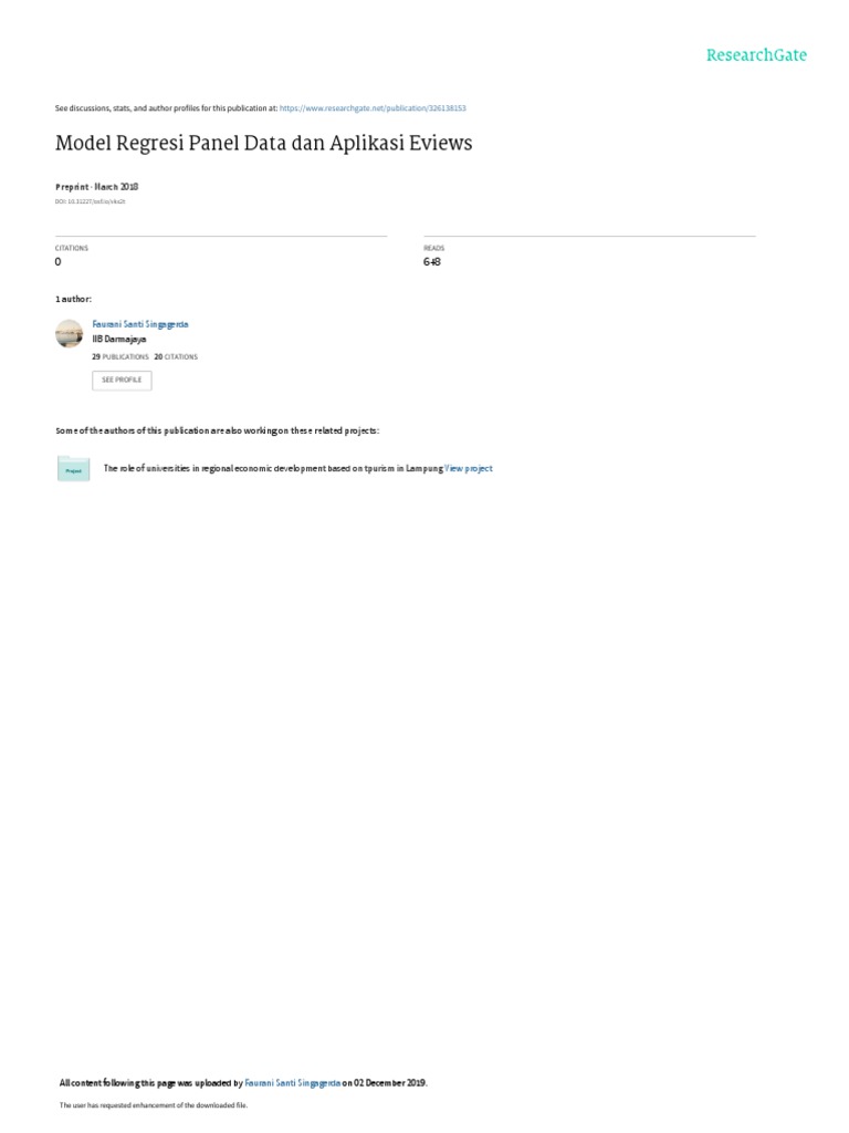 Model Regresi Panel Data Dan Aplikasi Eviews: March 2018 | PDF