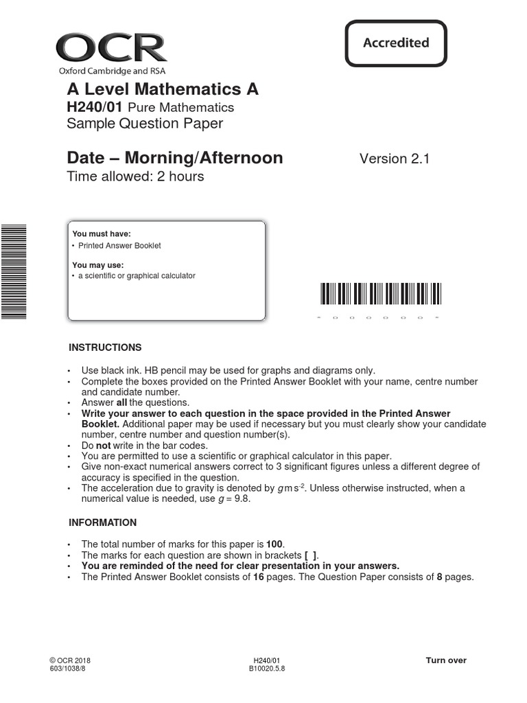 OCR A Level Mathematics Sample Question Paper | PDF | Accuracy And ...