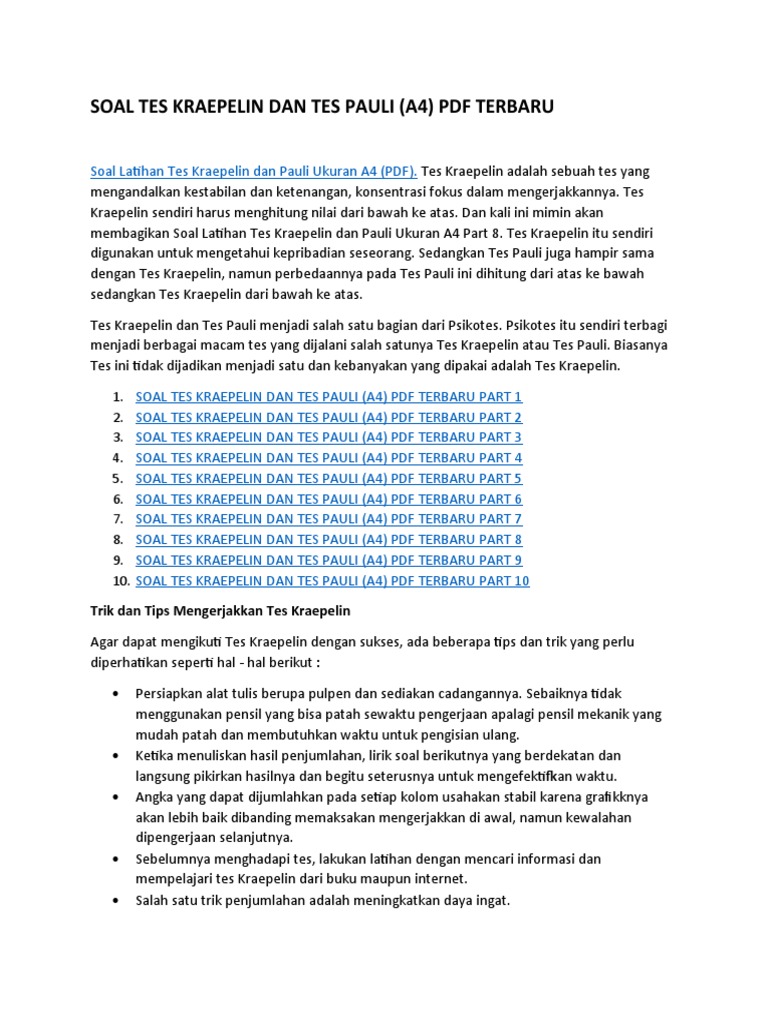 PDF Soal Tes Kraepelin Dan Tes Pauli A4 | PDF