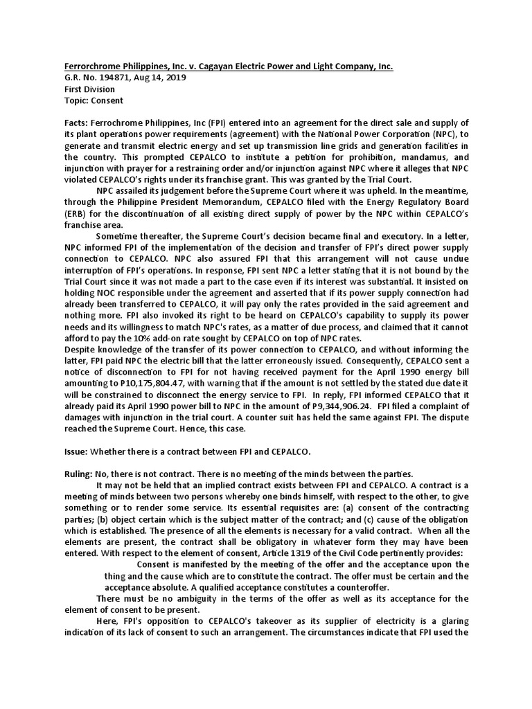 Ferrochrome Phil Inc v. Cagayan Power Electric - Consent | Download ...