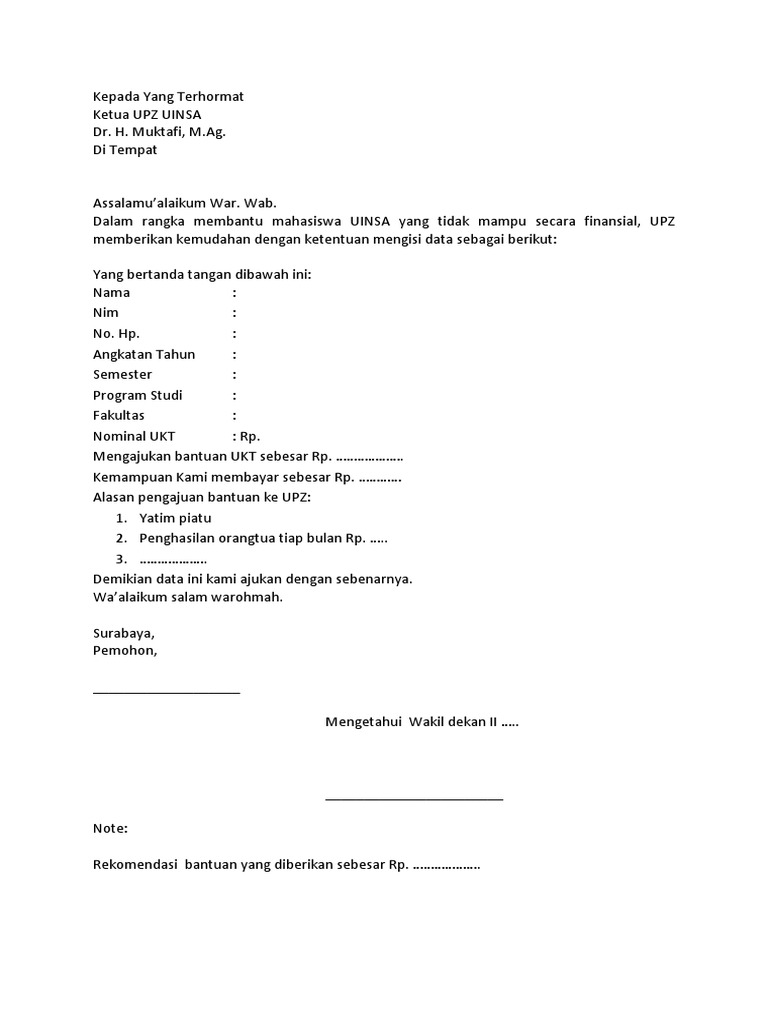 Formulir Pengajuan Bantuan UKT UINSA | PDF | Ilmu Sosial