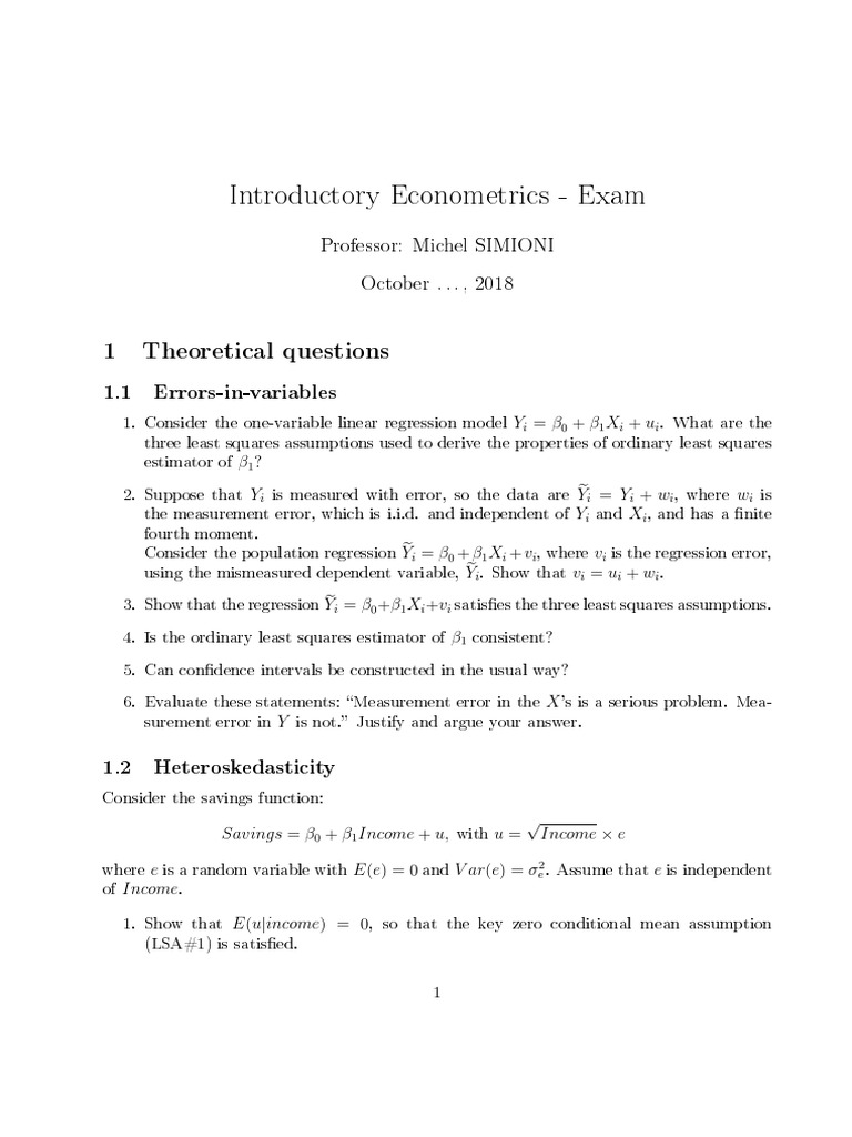 Introductory Econometrics - Exam: 1 Theoretical Questions | Download ...