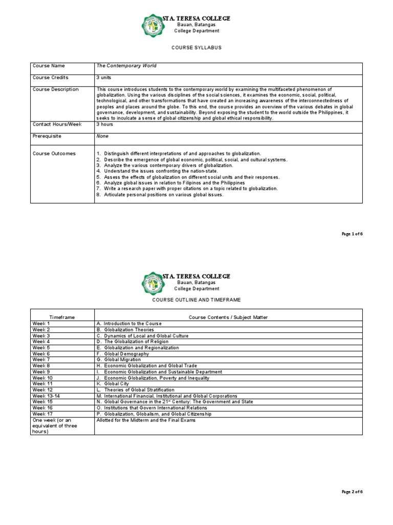 Contemporary World Course Syllabus | PDF | Globalization | Educational ...