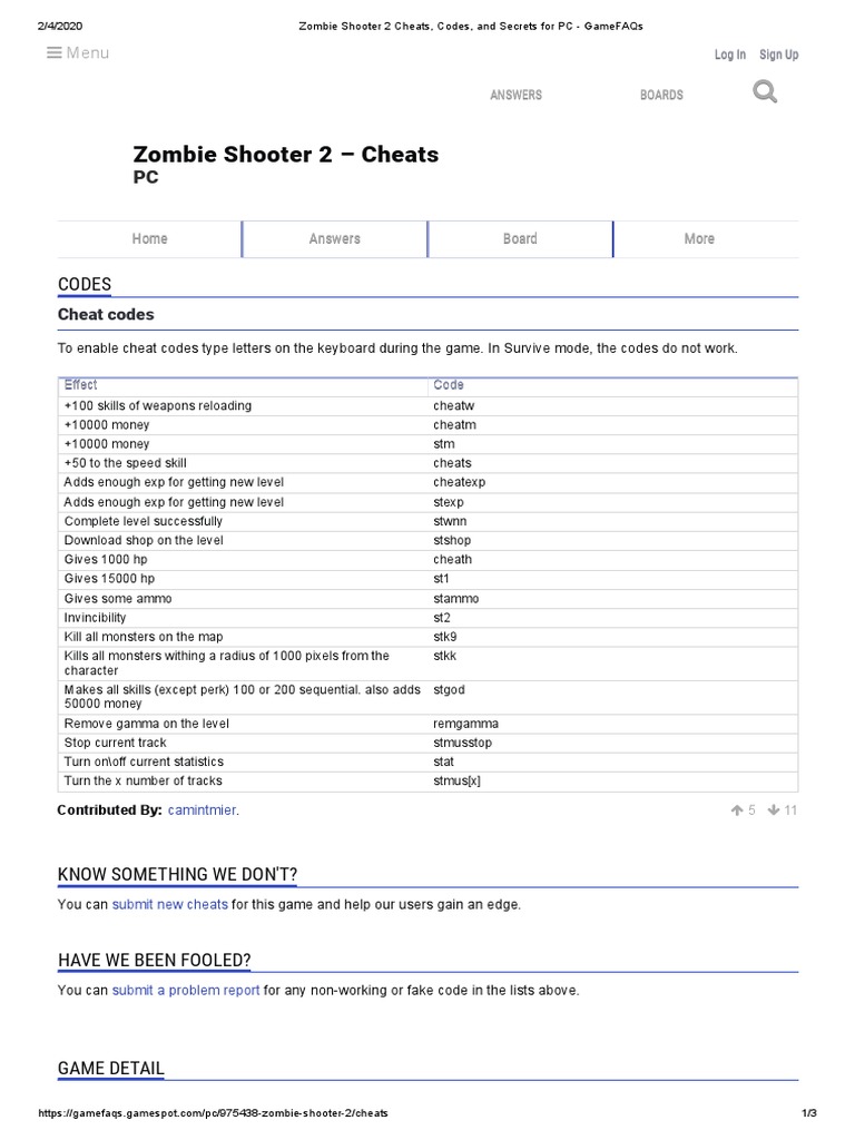 Zombie Shooter 2 Cheats, Codes, and Secrets For PC - GameFAQs | PDF | Cheating In Video Games ...
