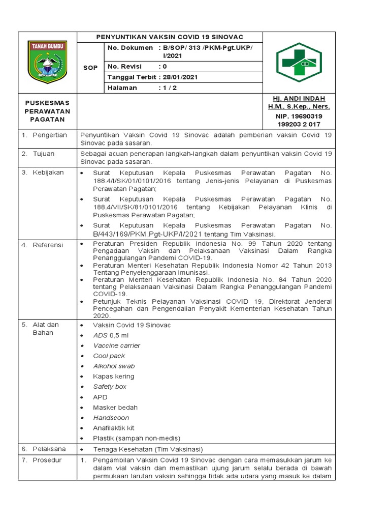 SOP Penyuntikan Vaksin COVID-19 Sinovac | PDF