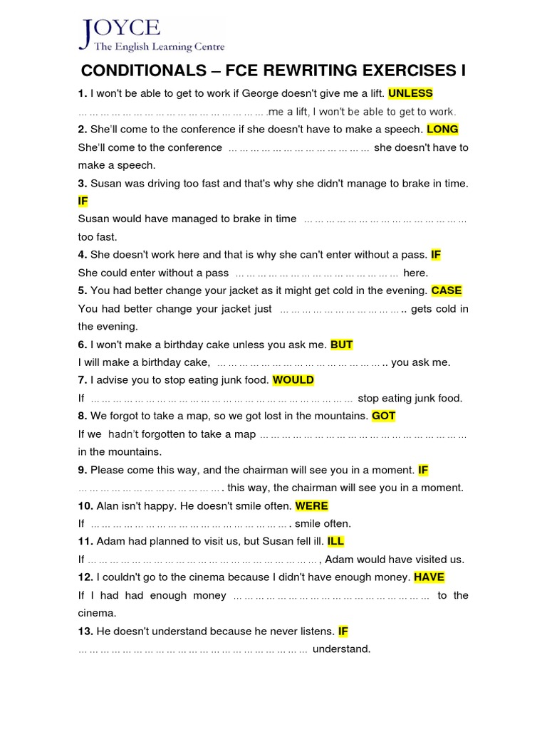 Conditionals - Fce Rewriting Exercises I: 1. Unless | PDF