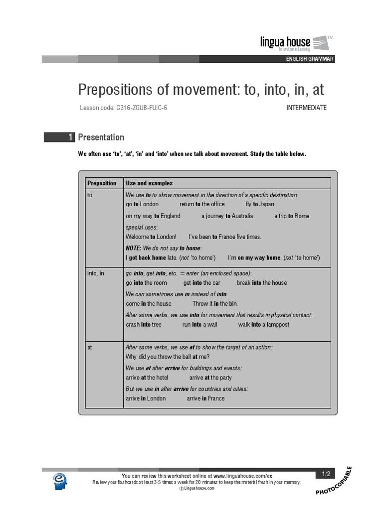 Prepositions of Movement: An Analysis of the Uses of 'To', 'Into', 'In ...