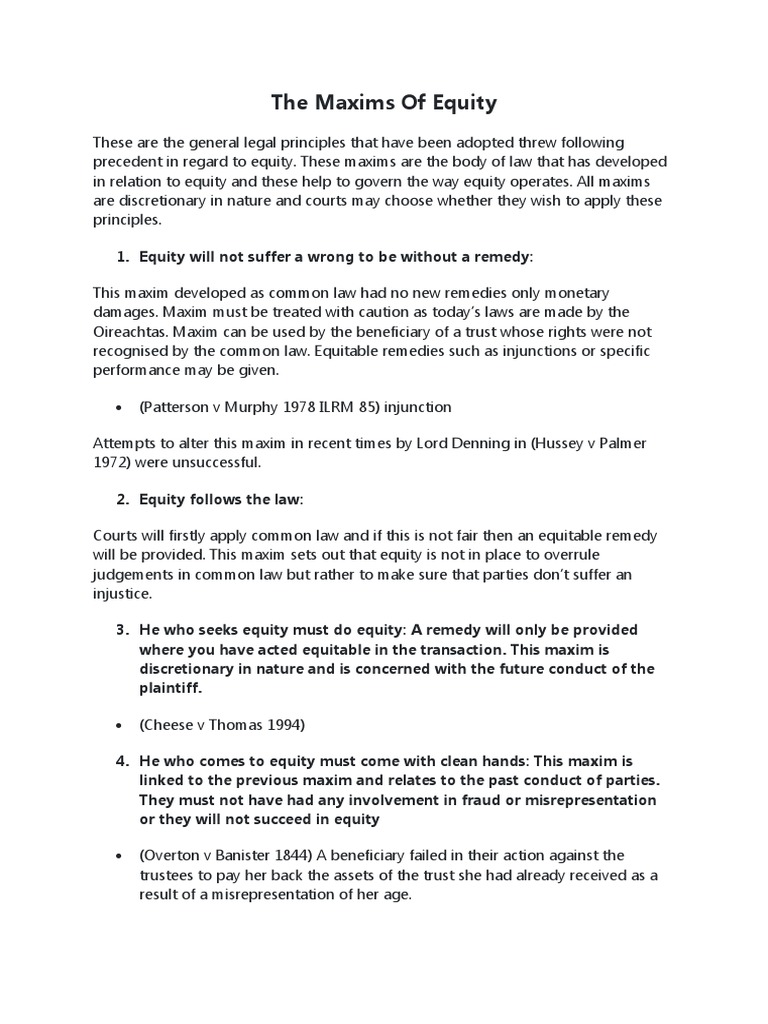 The Maxims of Equity | PDF | Equity (Law) | Legal Remedy