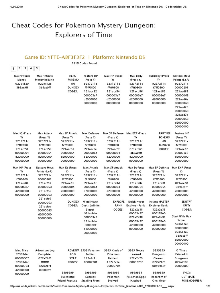 Cheat Codes For Pokemon Mystery Dungeon - Explorers of Time On Nintendo ...