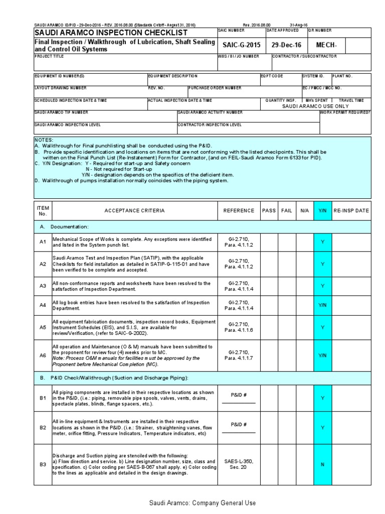 Saudi Aramco Inspection Checklist | PDF | Pipe (Fluid Conveyance) | Valve