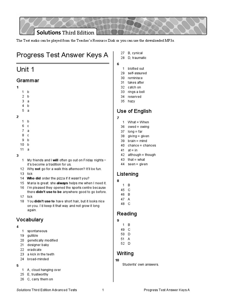 Progress Test Answer Keys A Unit 1: Grammar | PDF
