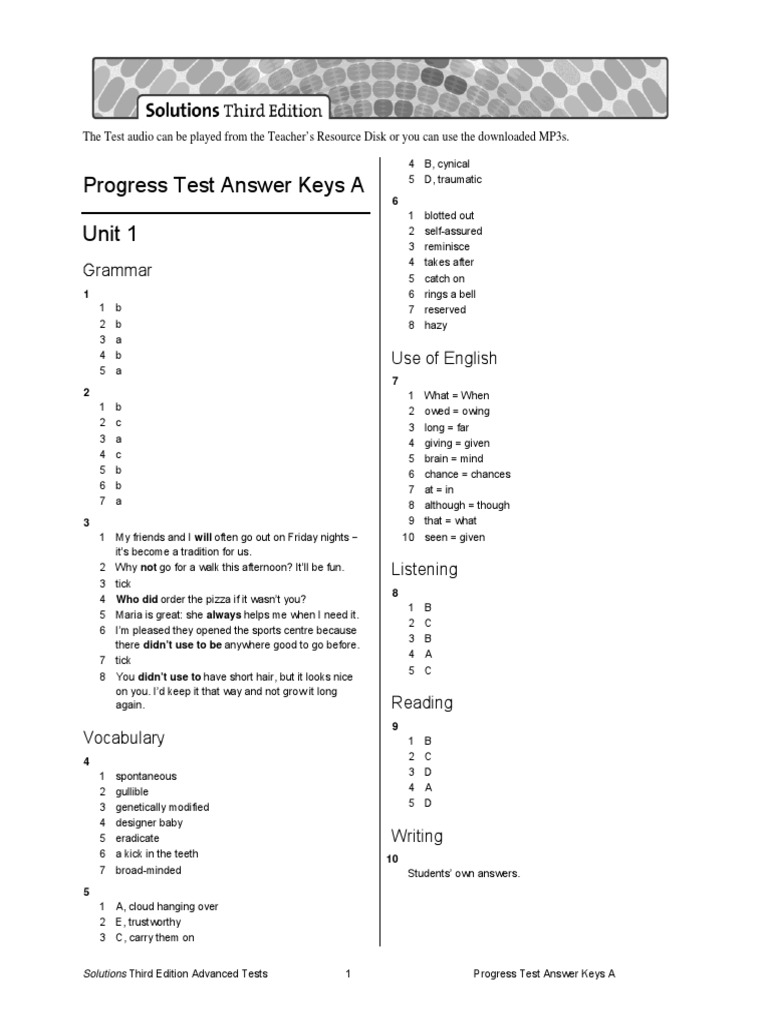 Sol3e Adv Progress Test Answer Keys A | PDF
