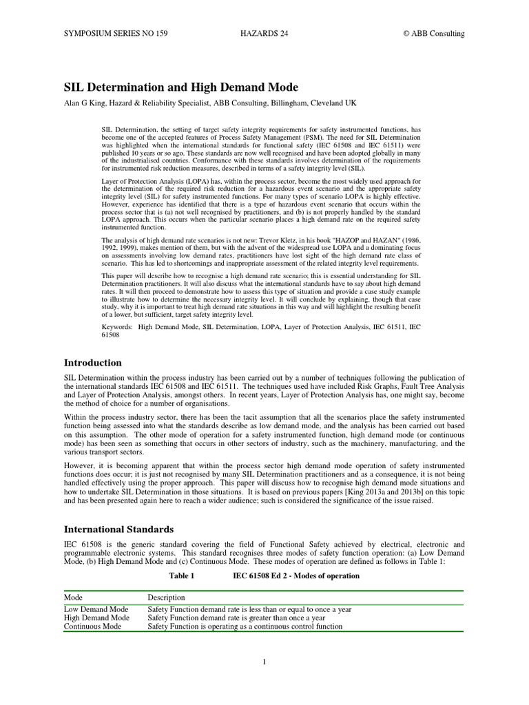 SIL Determination and High Demand Mode: Table 1 IEC 61508 Ed 2 - Modes ...