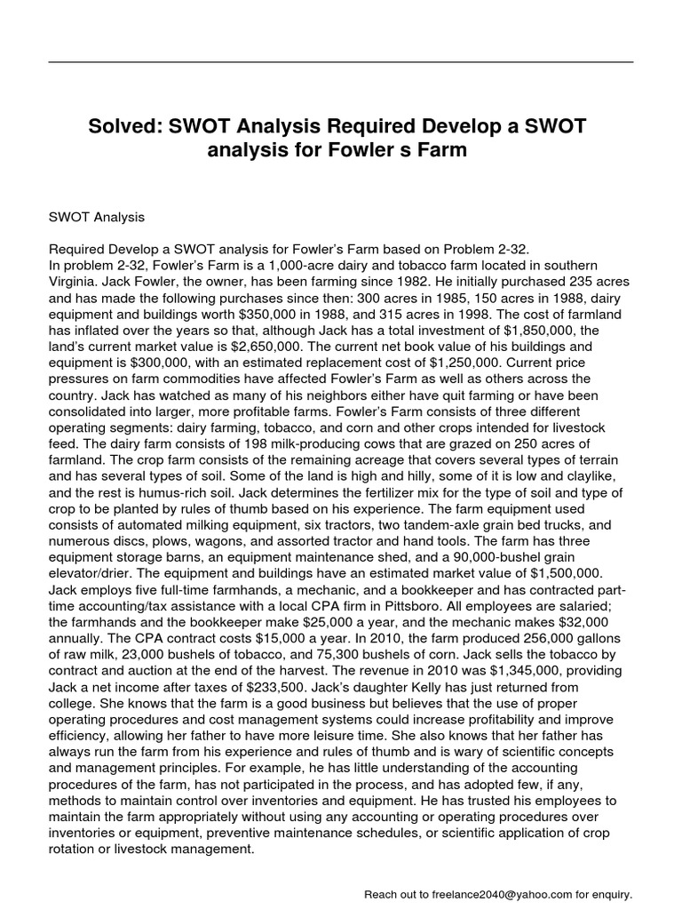 Swot Analysis Required Develop A Swot Analysis For Fowler S Farm | PDF ...