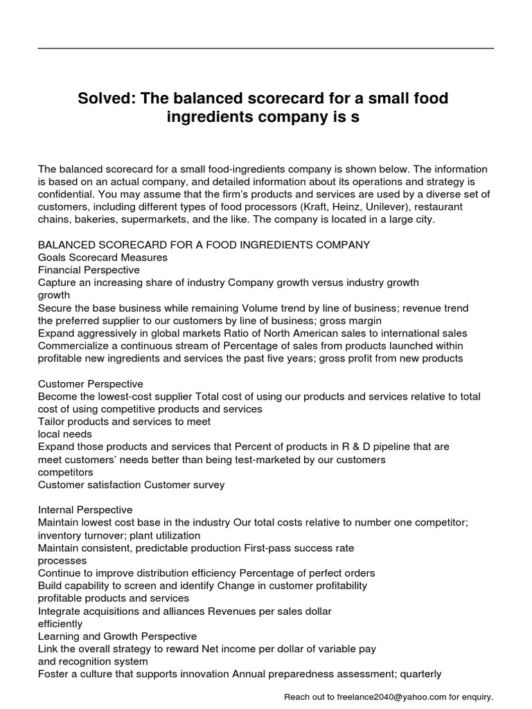 The Balanced Scorecard For A Small Food Ingredients Company Is S | PDF ...