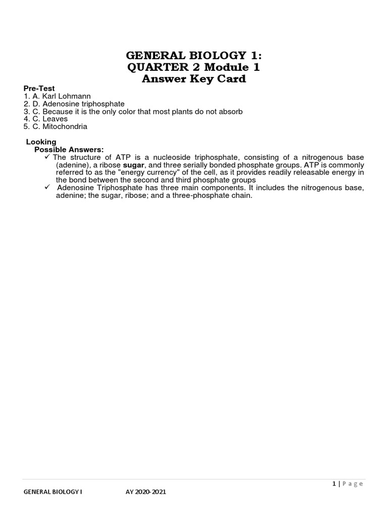 General Biology 1: QUARTER 2 Module 1 Answer Key Card: Pre-Test | PDF ...