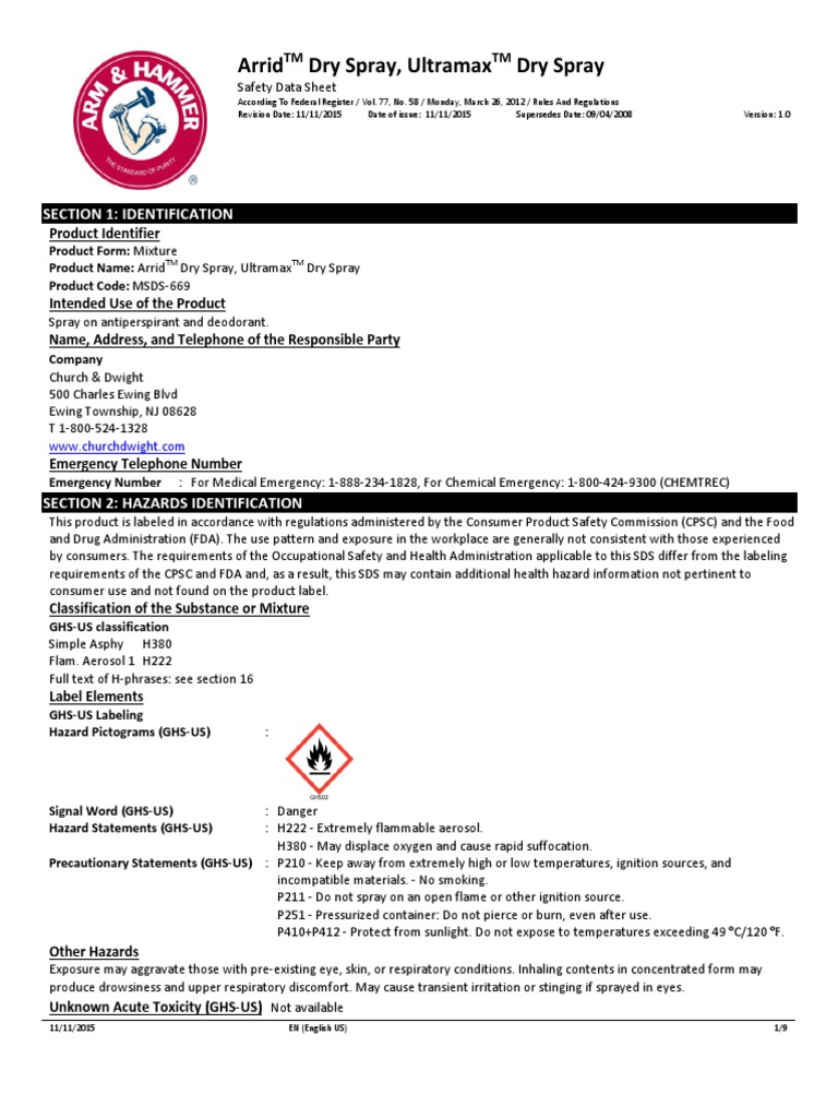 Arrid Dry Spray Renew Sds Na+Mex 111115 Final | PDF | Firefighting ...