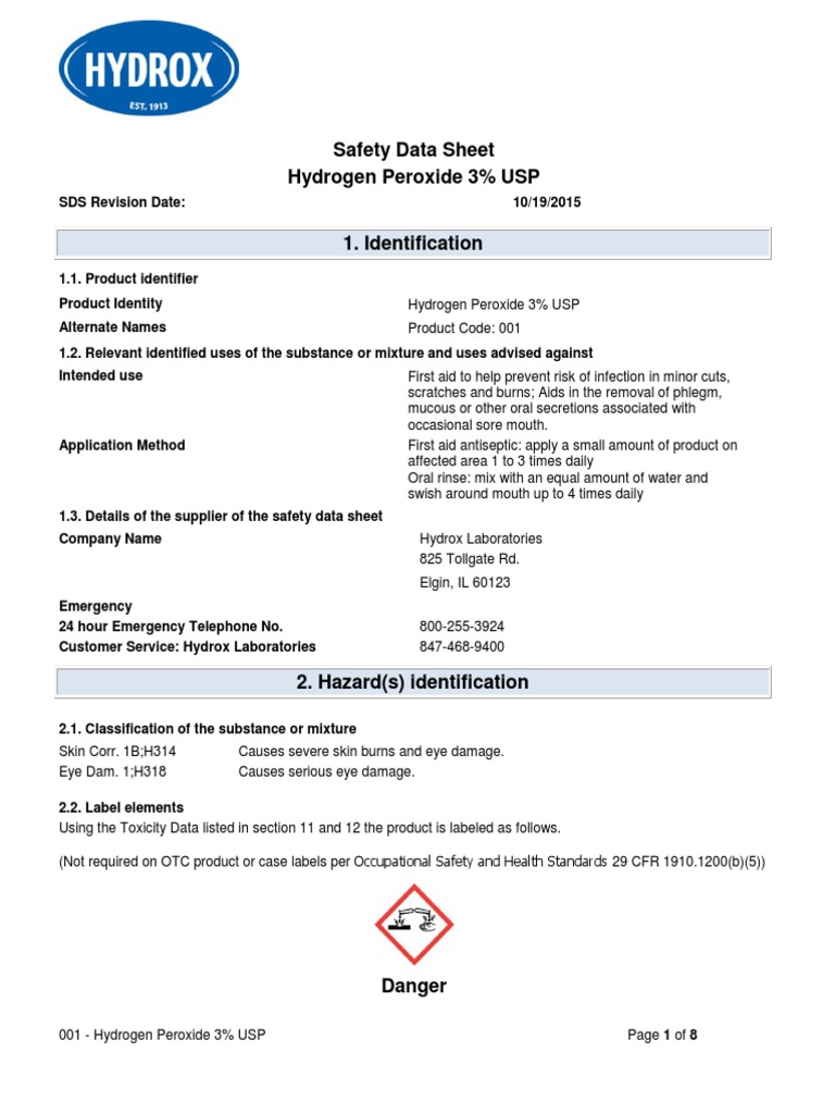 Safety Data Sheet Hydrogen Peroxide 3% USP | PDF | Toxicity | Hydrogen ...