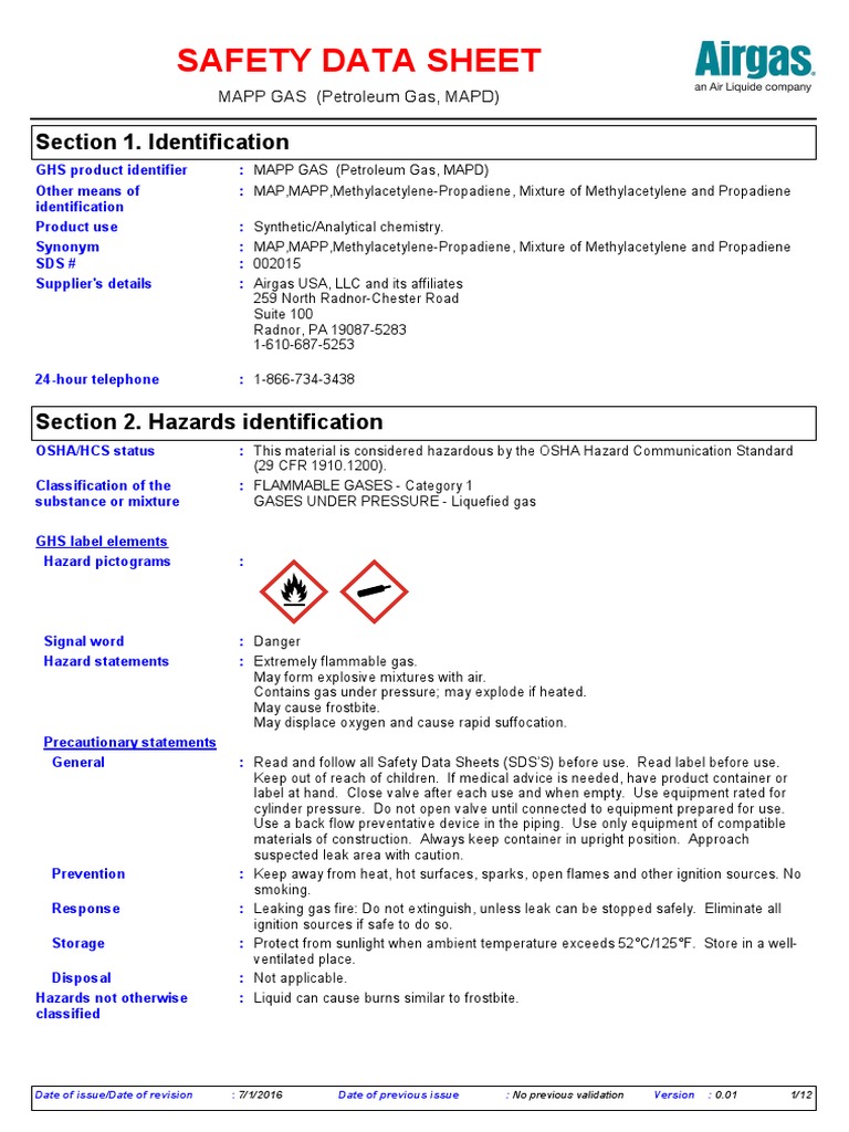 Mapp Gas SDS Sheet | PDF | Personal Protective Equipment | Firefighting