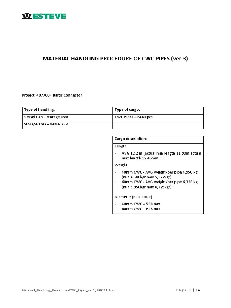 Material Handling Procedure of CWC Pipes (Ver.3) : Project, 407700 ...