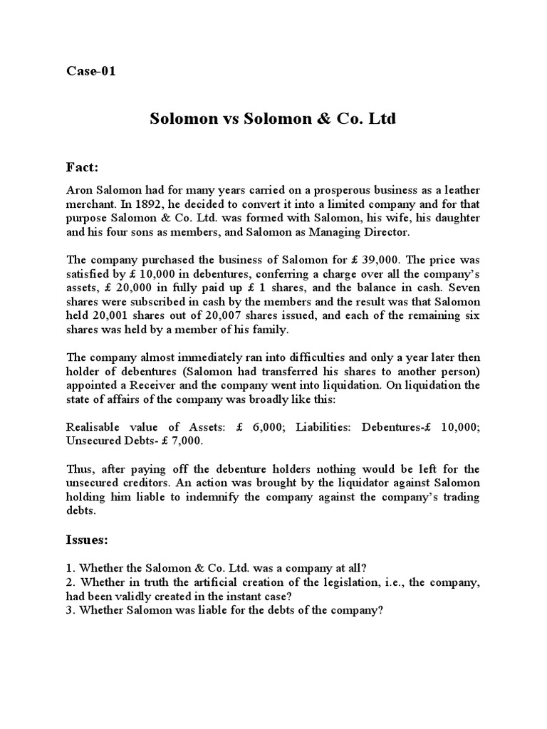 Salomon v Salomon Case Analysis | PDF | Piercing The Corporate Veil ...