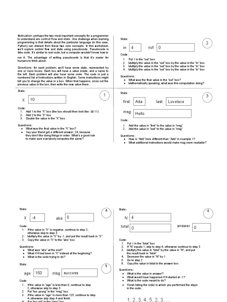 Exploring Control Flow and State through Pseudocode Problems | PDF | Computer Programming ...