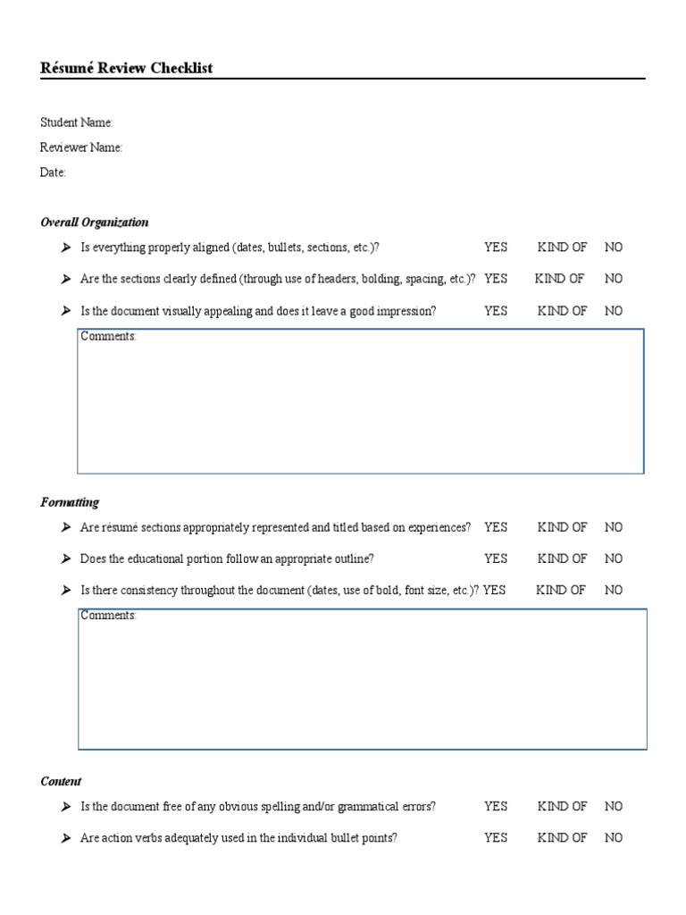 Résumé Review Checklist: Overall Organization | PDF | Language Arts ...