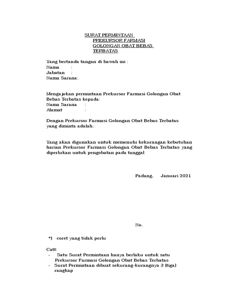 Surat Permintaan Prekursor Farmasi Golongan Obat Bebas Terbatas | PDF ...