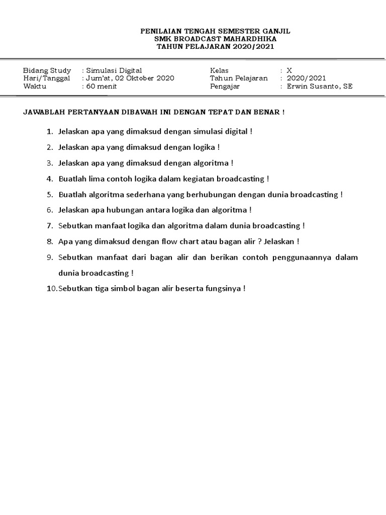 Soal PTS Ganjil SIMDIG KELAS X | PDF