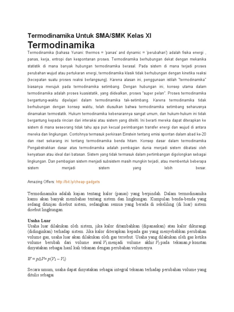Termodinamika Untuk SMA Kelas XI | PDF