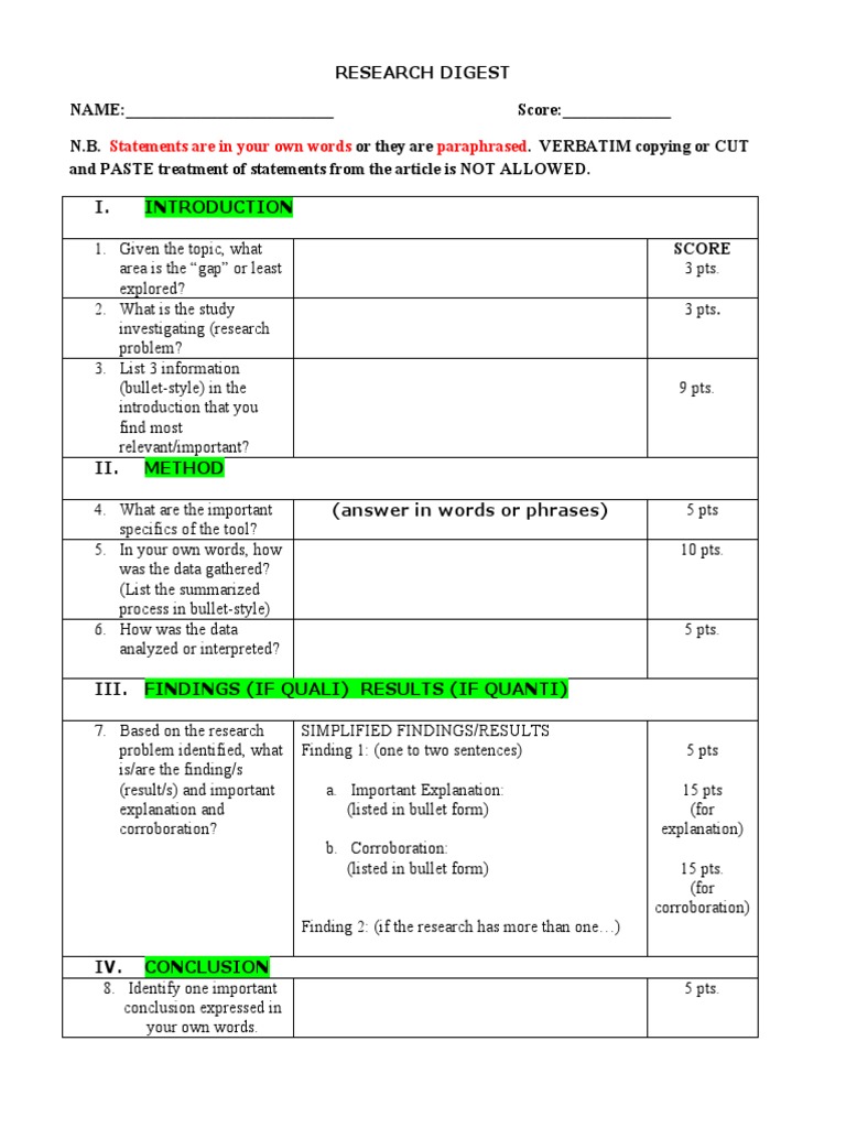 Research Digest Worksheet | PDF