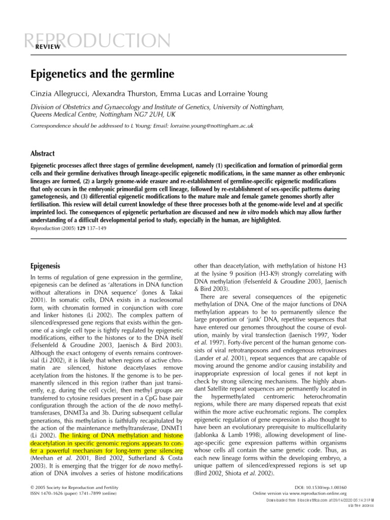 (17417899 - Reproduction) Epigenetics and The Germline | PDF ...