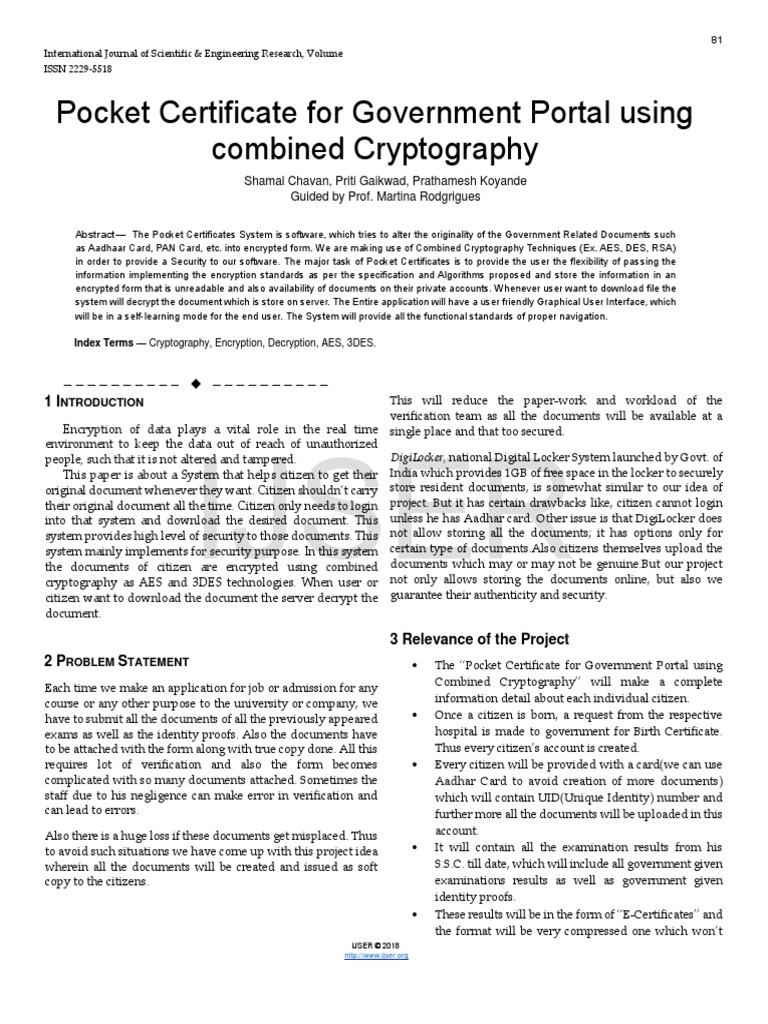 Pocket Certificate For Government Portal Using Combined Cryptography | PDF | Cryptography ...