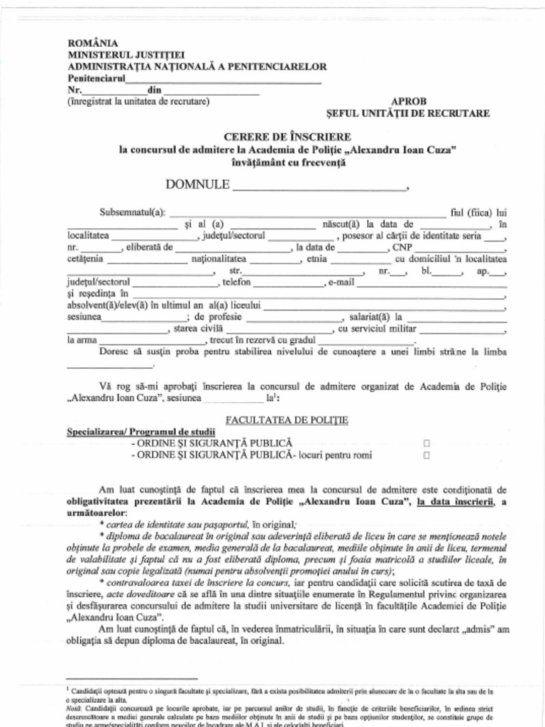Model Cerere Înscriere Aacademia de Politie A I Cuza | PDF
