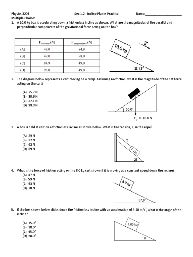 Physics Incline Planes Practice | PDF