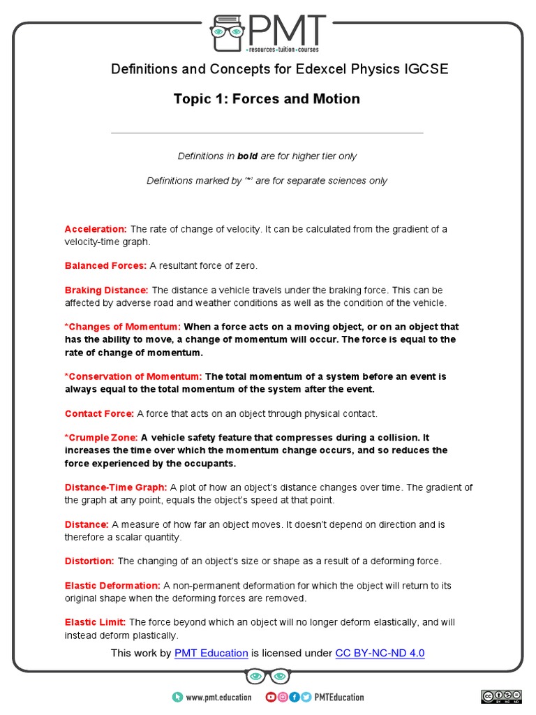 Definitions - Topic 1 - Forces and Motion - Edexcel Physics IGCSE | Download Free PDF | Momentum ...
