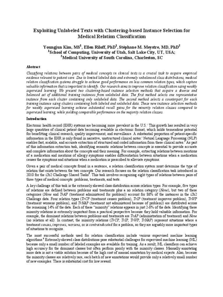 Exploiting Unlabeled Texts With Clustering-Based Instance Selection For Medical Relation ...