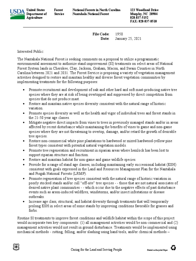 Scoping Letter Stand Improvement Programmatic EA For Nantahala NF | PDF ...