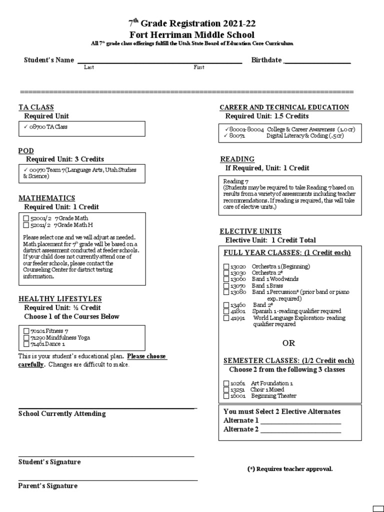 7 Grade Registration 2021-22 Fort Herriman Middle School: Required Unit ...
