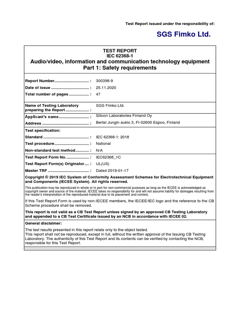 En 62368-1 Safety Test Report 300398-9 | PDF | Insulator (Electricity ...