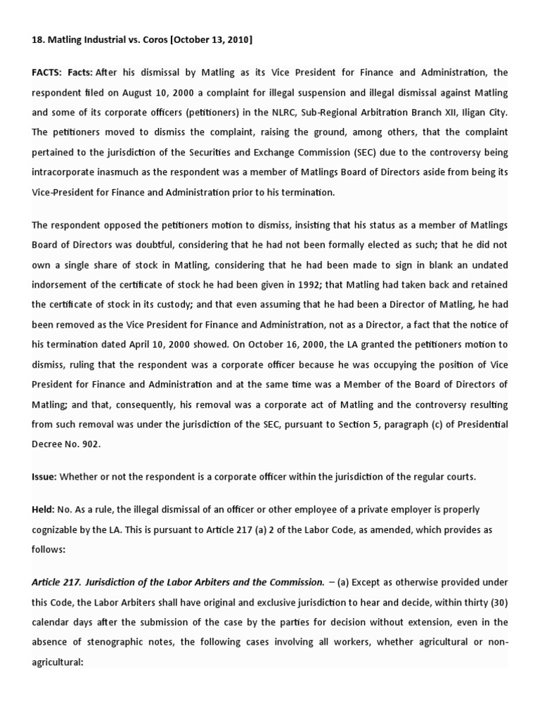 Matling vs. Coros | PDF | Jurisdiction | Employment