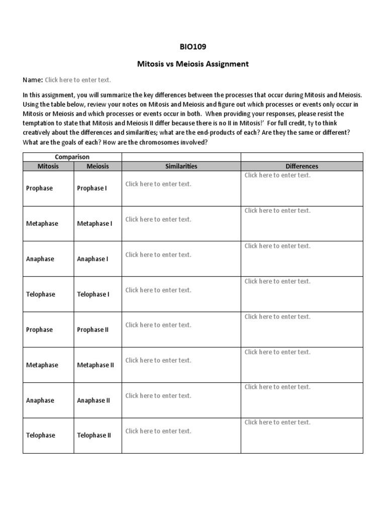 BIO109 Mitosis-Meiosis Assignment | PDF | Meiosis | Mitosis